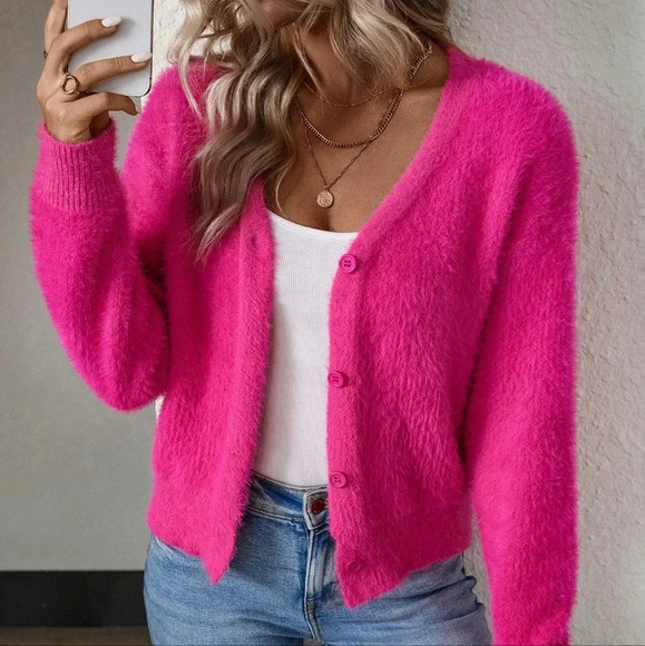 Sweaters | Drop Shoulder Button Front Fluffy Knit Cardigan | Poshmark